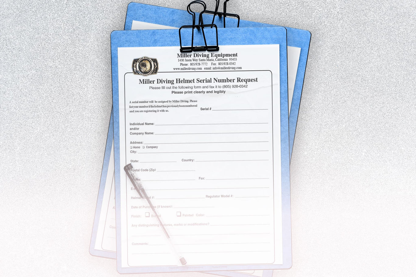 Miller Diving® Serial Number Request Form